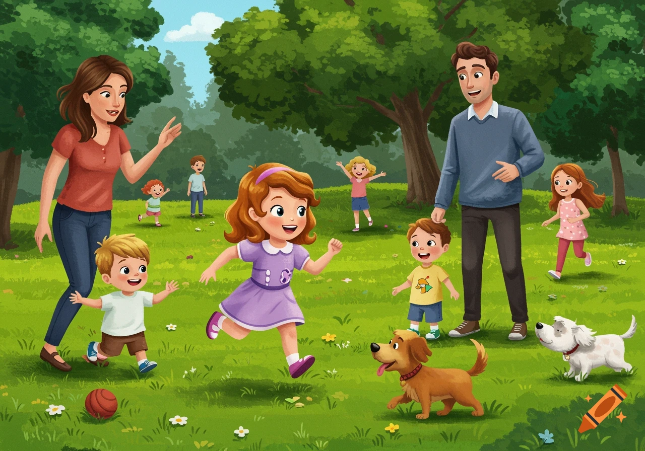 A family and two dogs play in a park, illustrated in a colorful cartoon ...