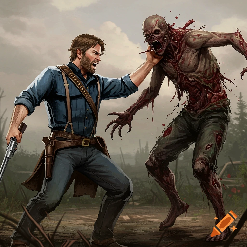 Illustration of a cowboy-like man fighting a grotesque zombie in an ...