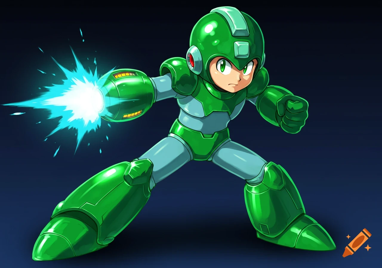 Green robot character similar to Mega Man shooting a blue energy beam ...