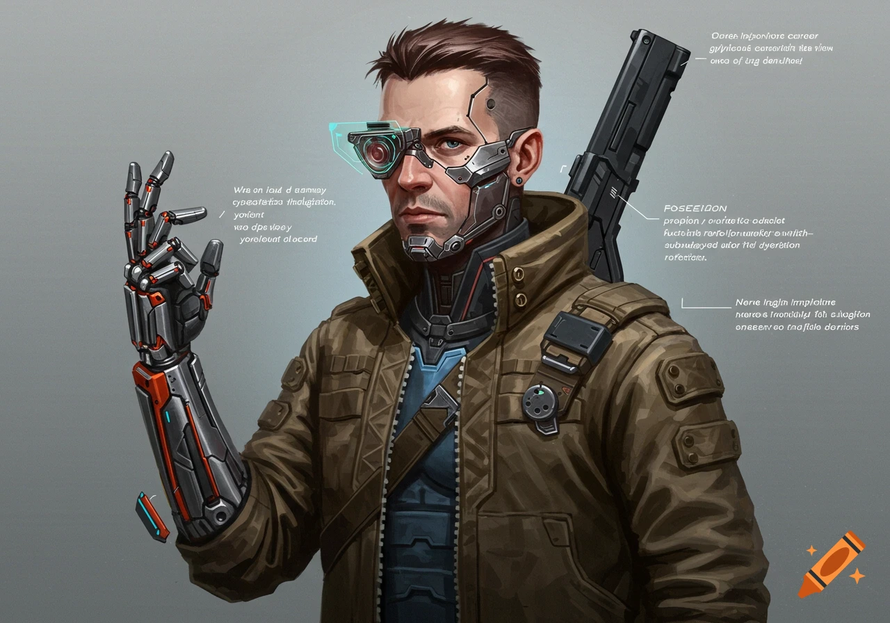 A man with cybernetic implants and a tactical eye mod, holding a weapon ...