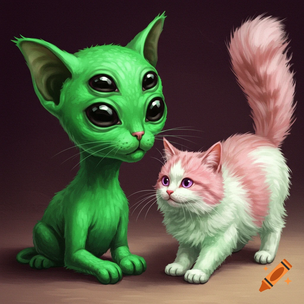 A green alien cat with four eyes looks at a fluffy pink and white cat ...