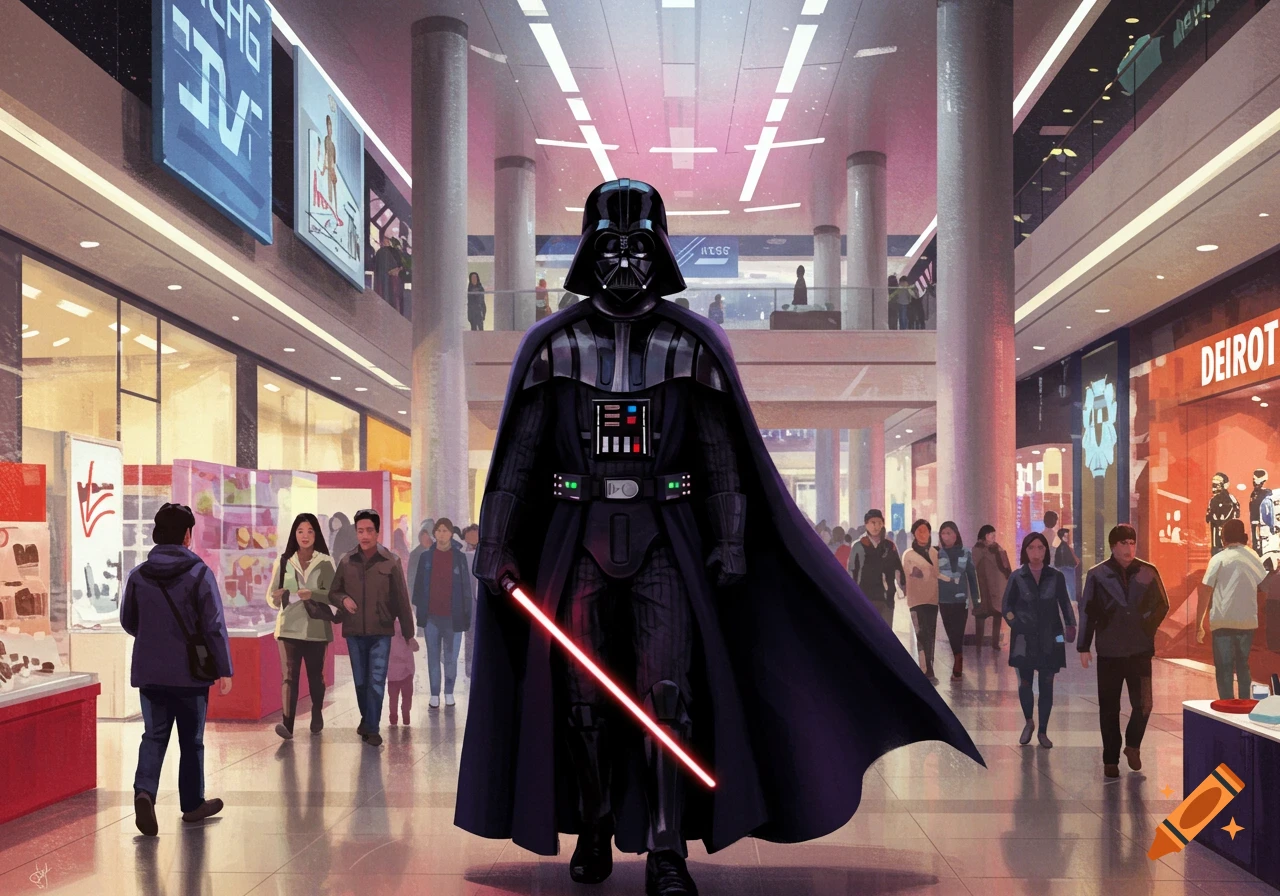 Darth Vader walks through a busy shopping mall, holding a red ...
