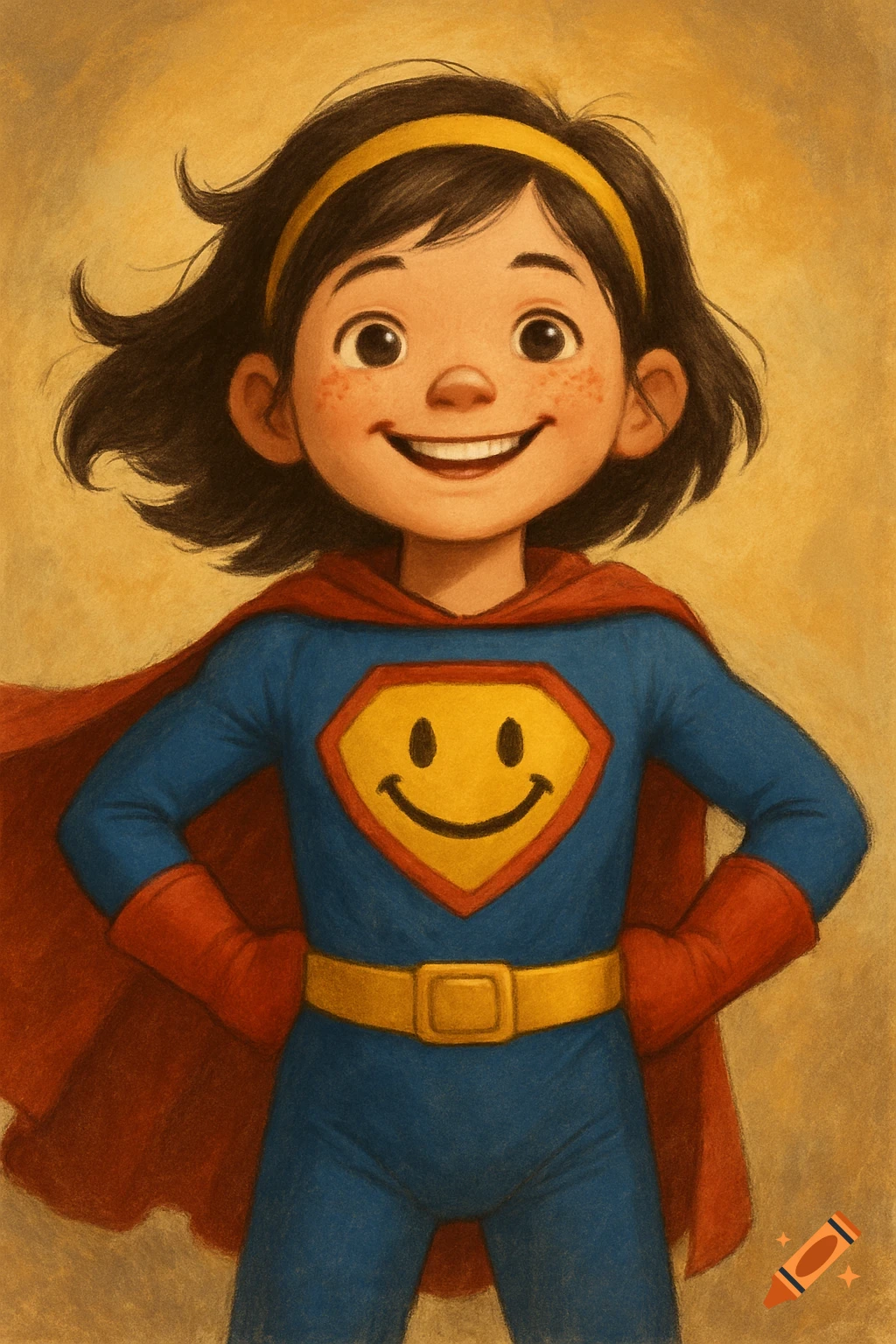 Illustration of a young girl dressed as a superhero with a smile symbol ...