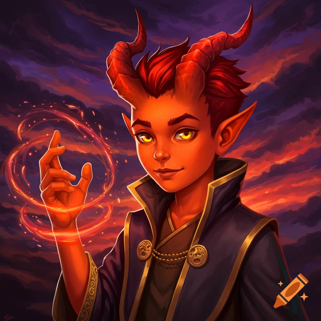 Fantasy illustration of a young tiefling boy sorcerer casting magic on ...