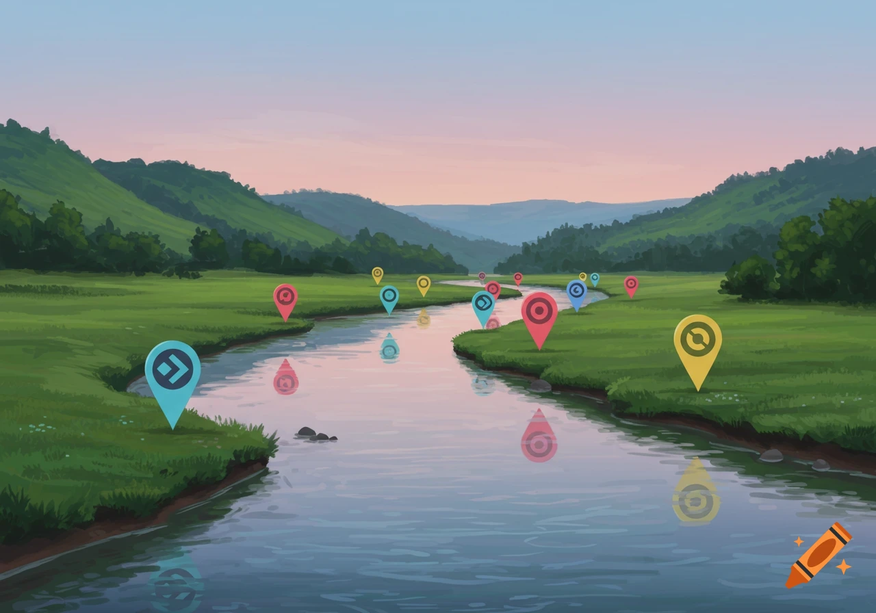 A river flows through a green valley with colorful marker pins ...