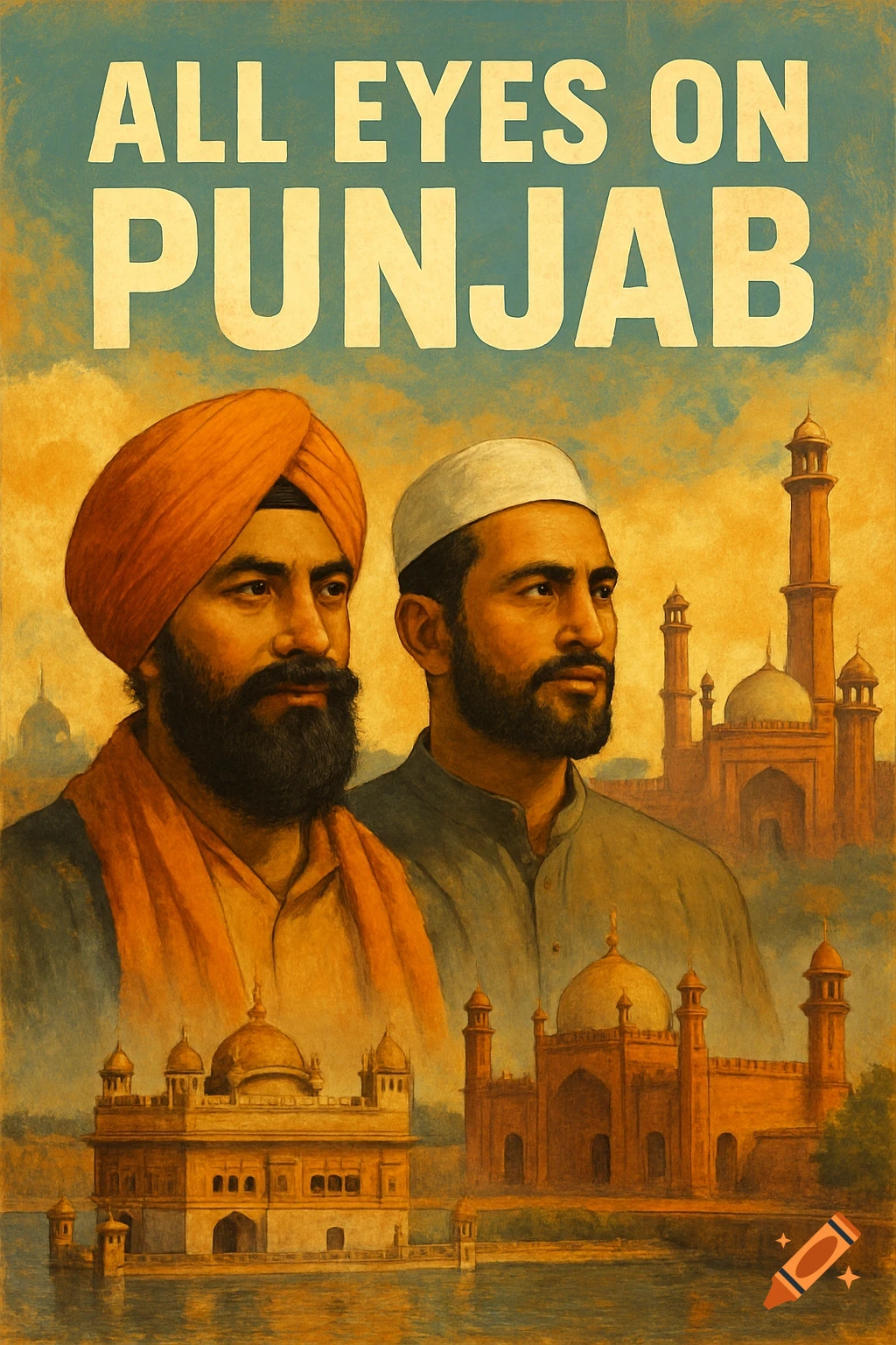 Sikh and Muslim men stand with religious buildings in a poster style ...