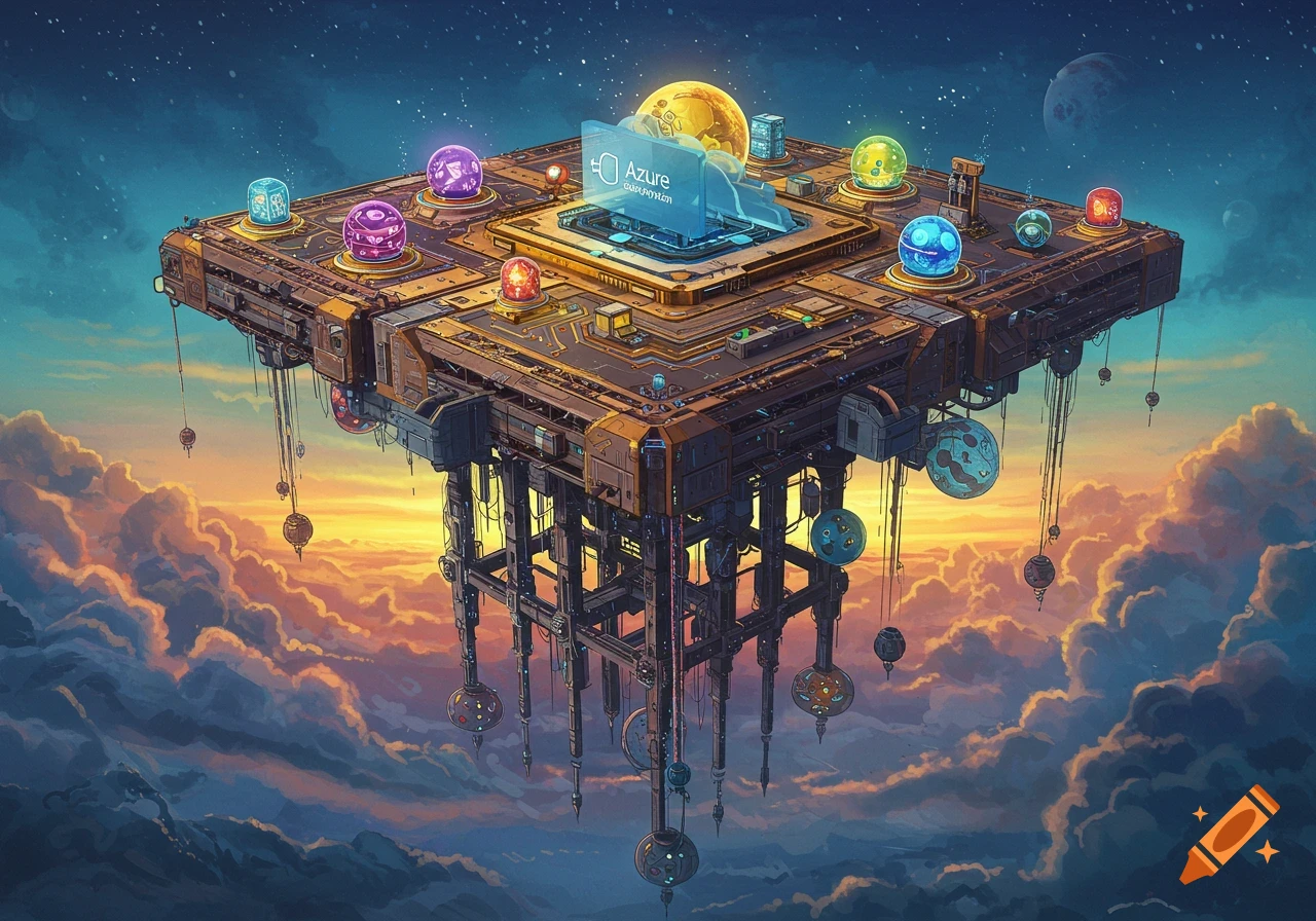 Sci-fi platform structure floating above clouds at sunset with glowing ...
