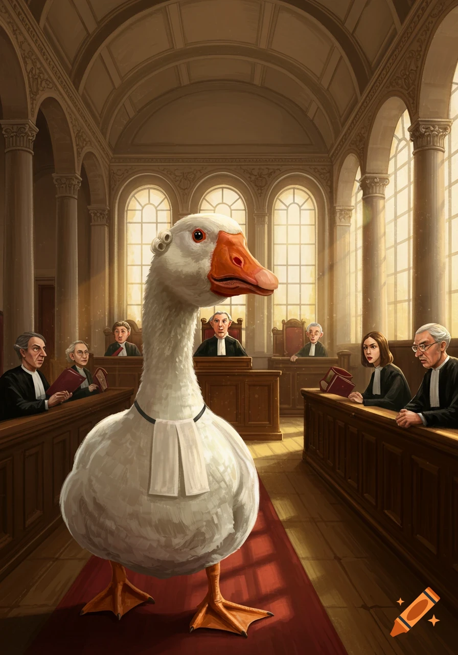 A large goose stands on a red carpet in a courtroom with judges and ...