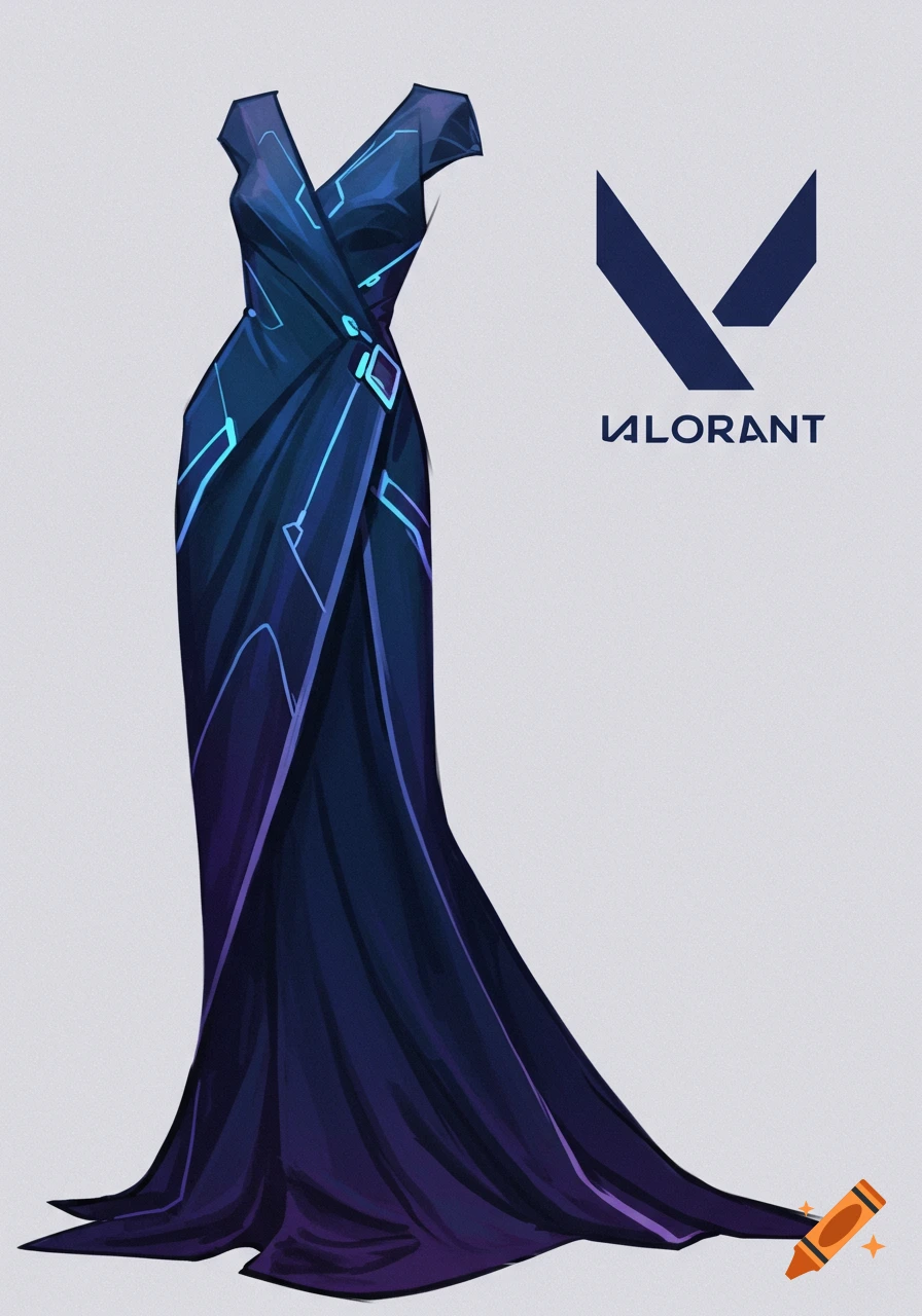 A dark blue dress with glowing geometric patterns next to the Valorant ...