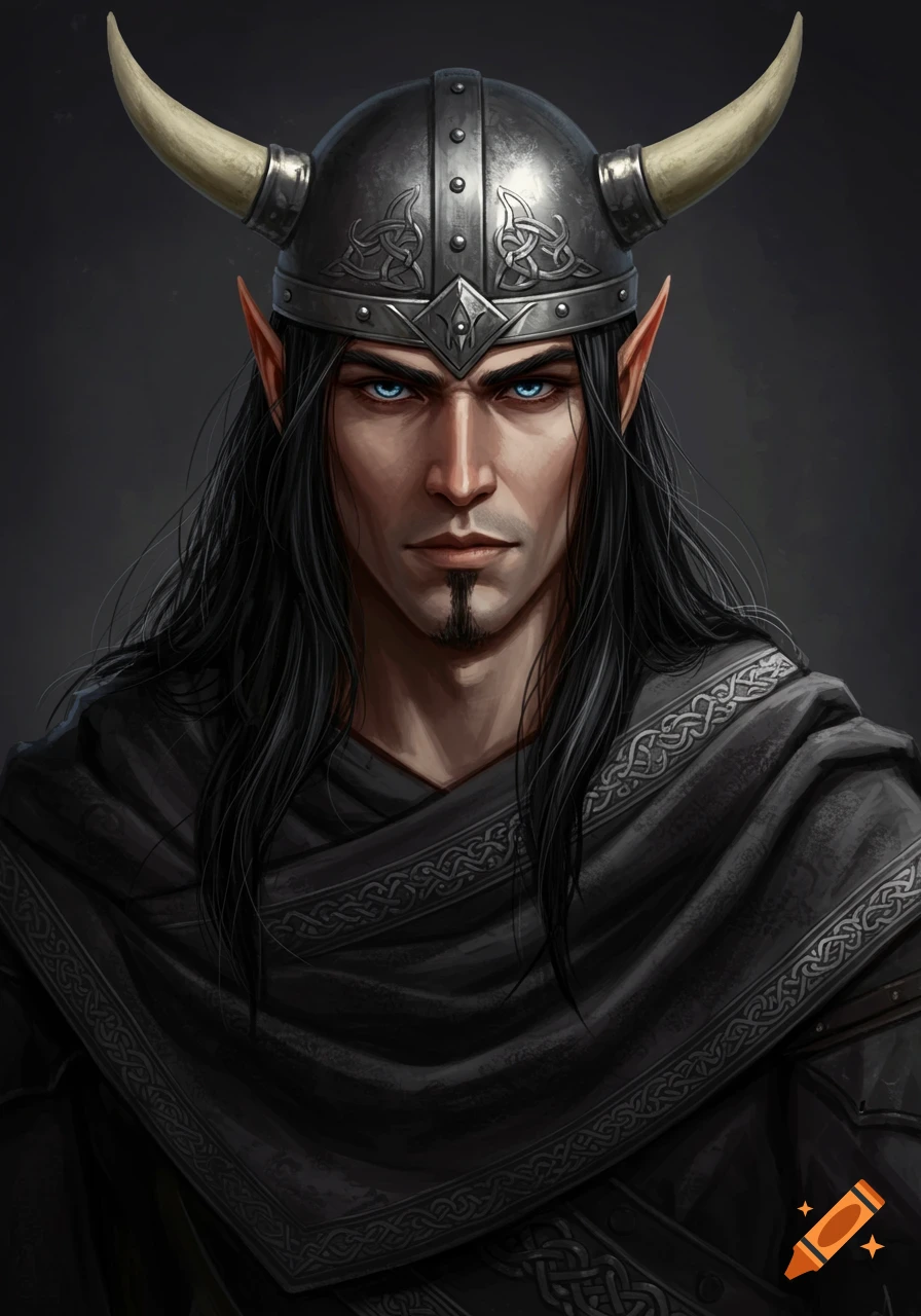 Portrait of a dark elf with long black hair wearing a horned viking ...