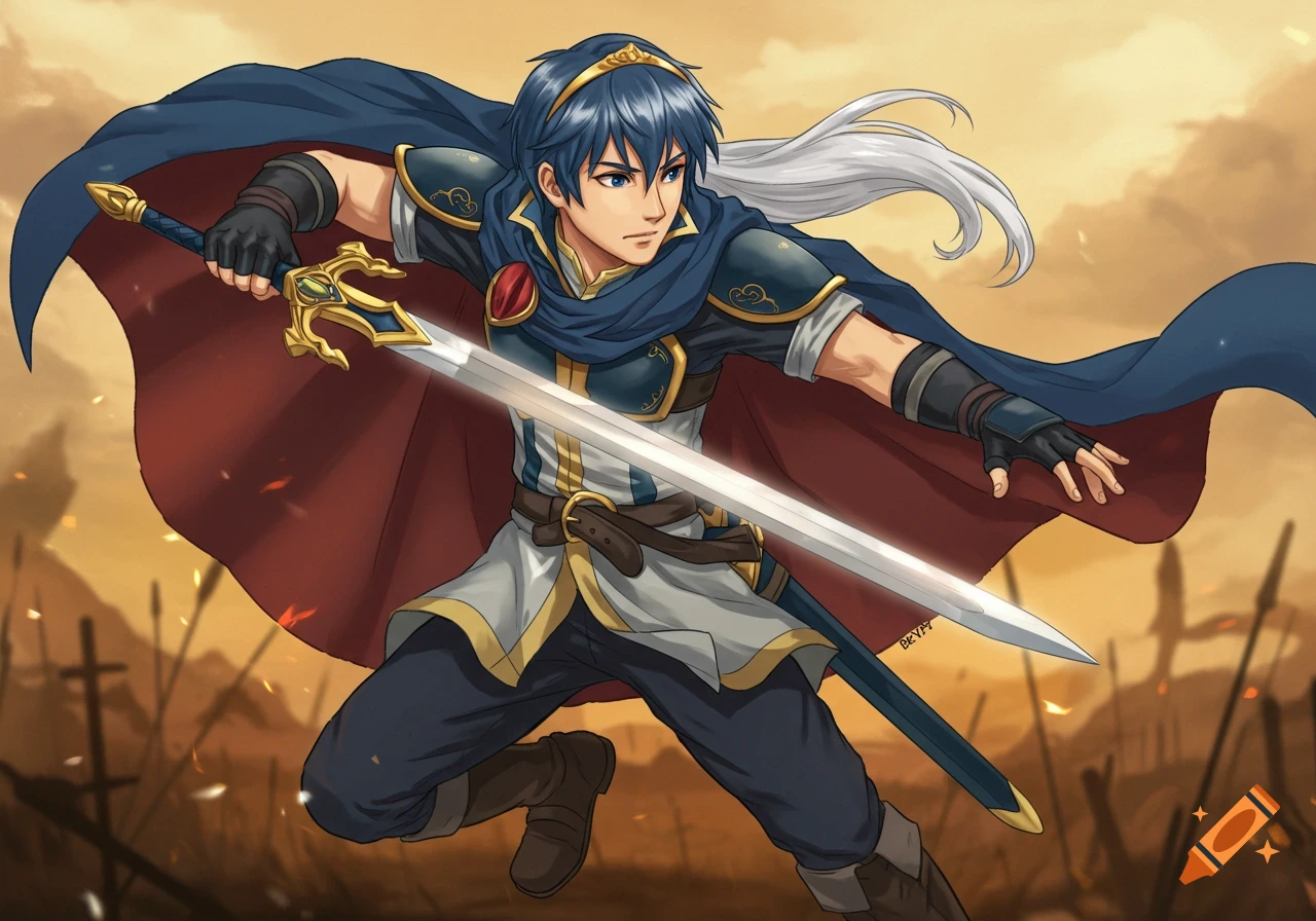 Marth from Fire Emblem in armor with a sword on a battlefield. on Craiyon