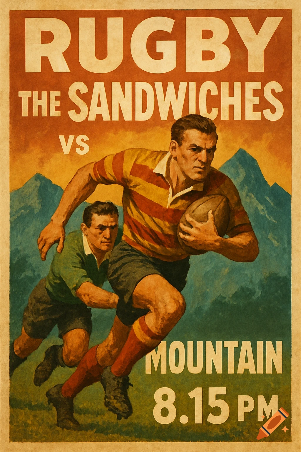 Vintage style rugby poster showing two players running with a ball ...