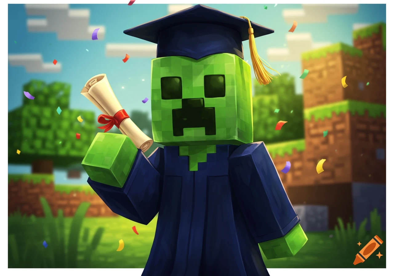 A Minecraft Creeper wearing a graduation cap and gown, holding a ...