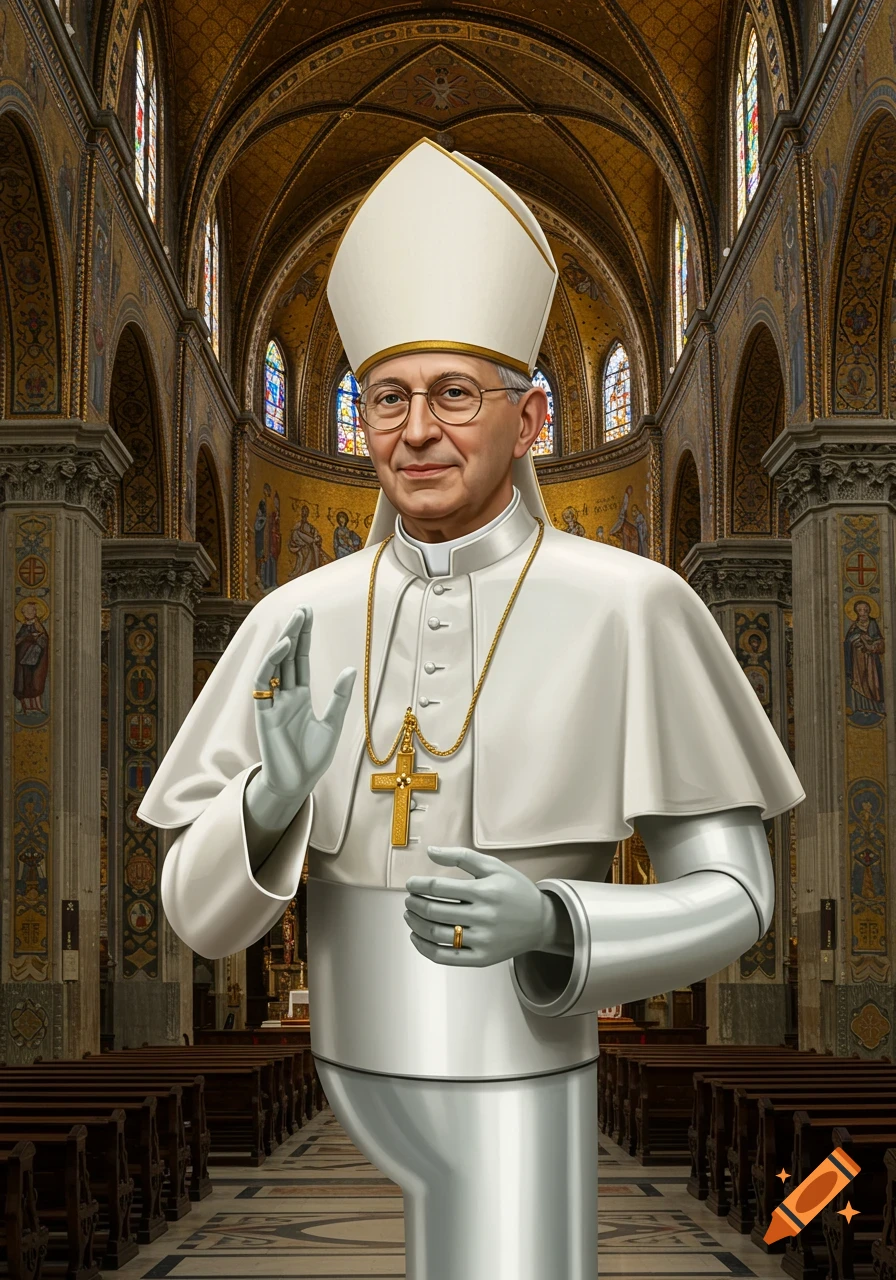 Figure resembling a pope with a metallic pipe body stands in an ornate ...