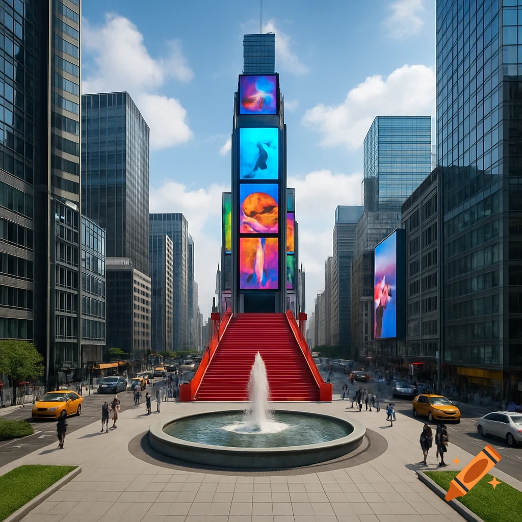 A wide view of an urban square inspired by Times Square with a tall ...