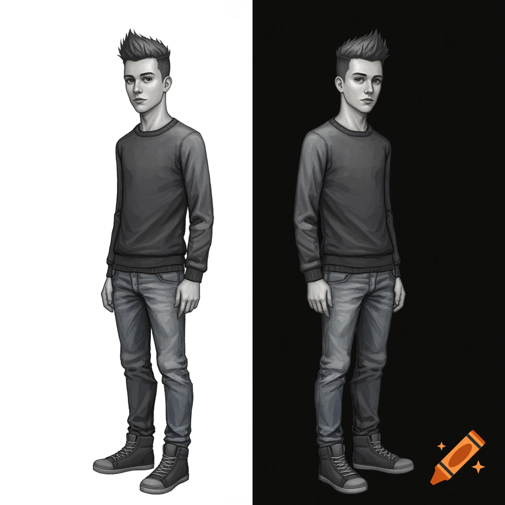 Two grayscale illustrations of a young man in casual clothes on ...