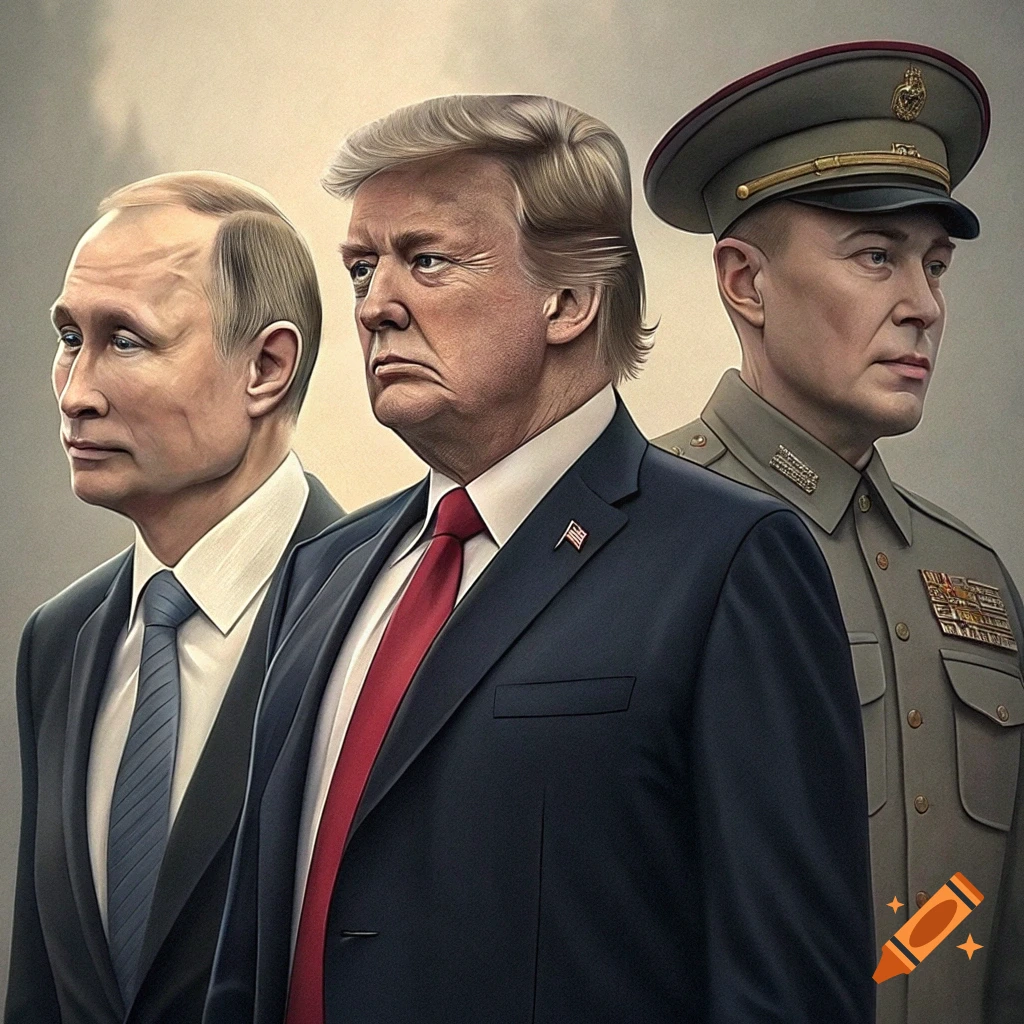 Portraits of Vladimir Putin, Donald Trump, and a man in military ...