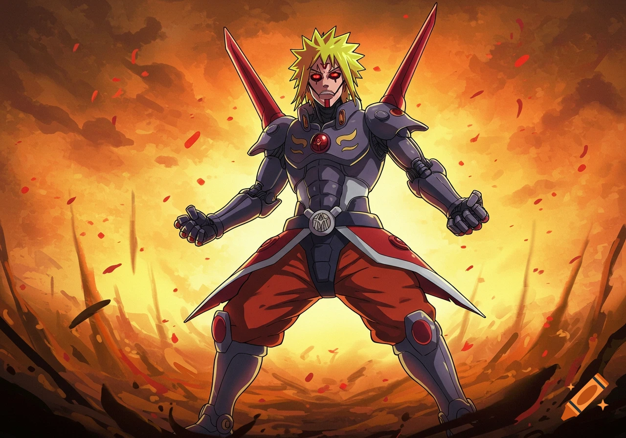 Anime-style character in grey and red armor stands with fists clenched ...