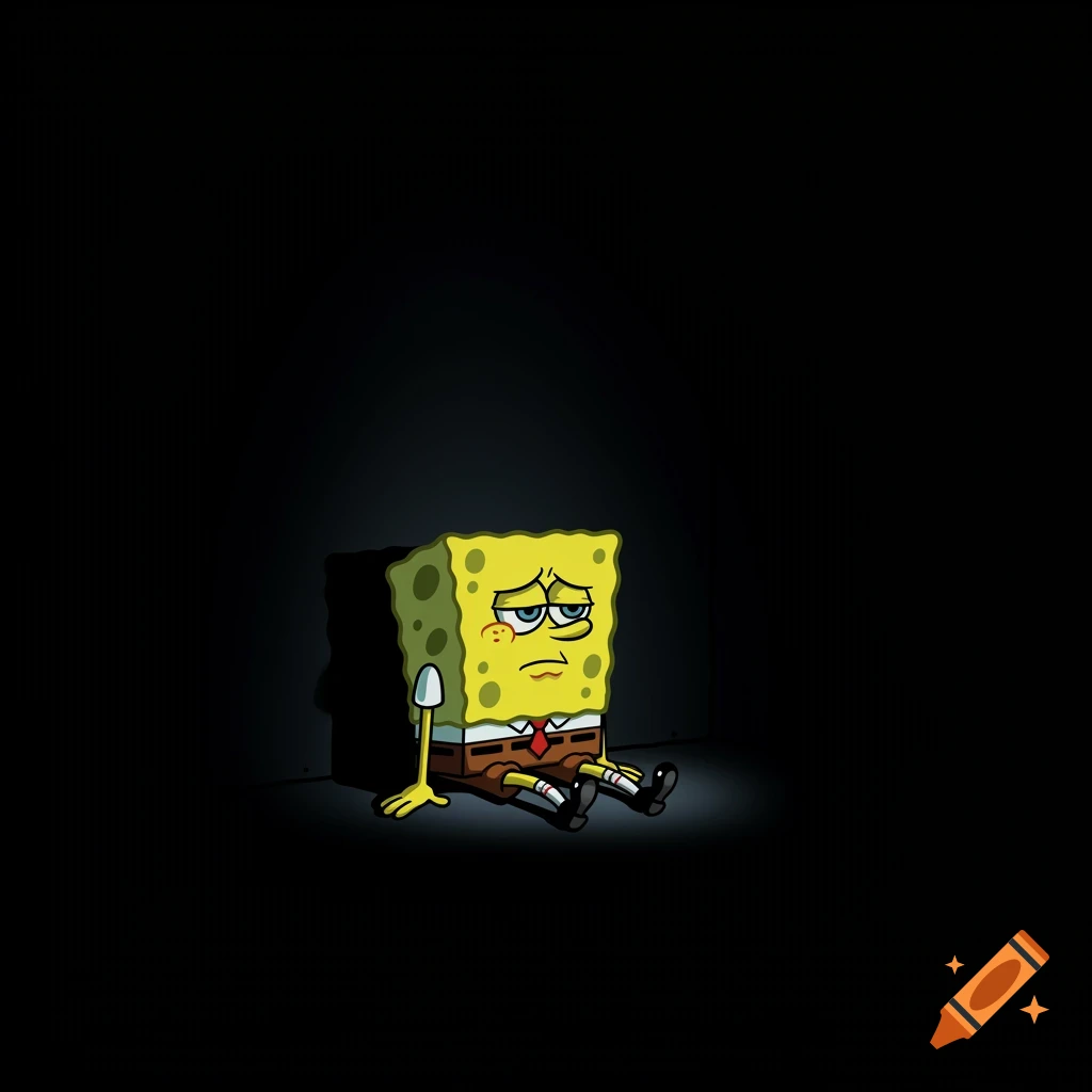 Cartoon Spongebob Squarepants sits sadly in a dark room. on Craiyon