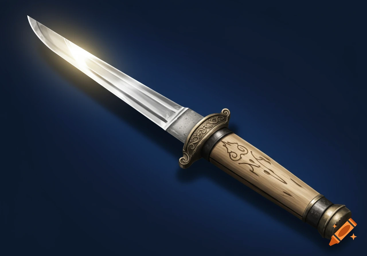 A sharp sword with a pale wood handle, ornate bronze guard, and glowing ...