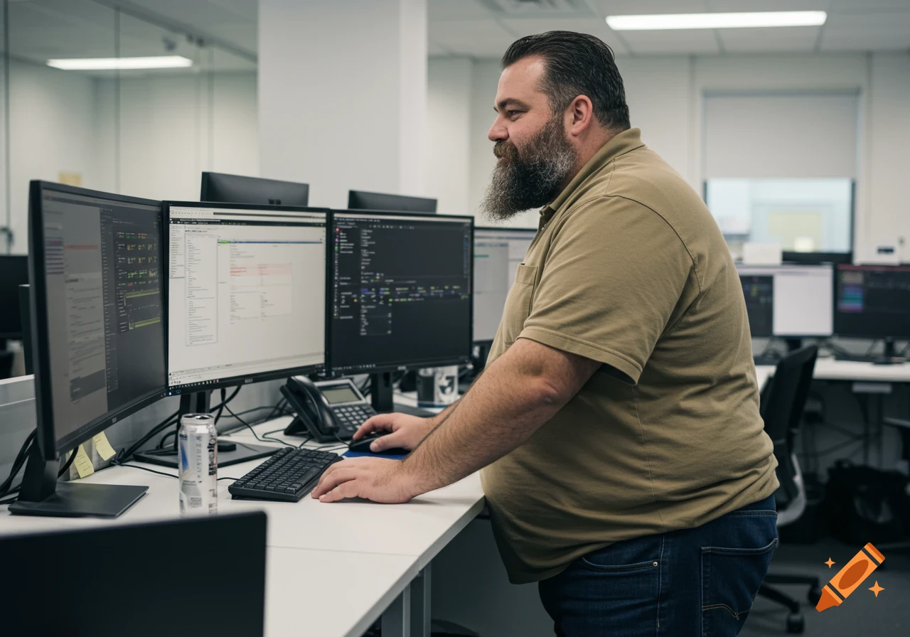 A man with a beard sits at a desk with multiple computer monitors. on ...