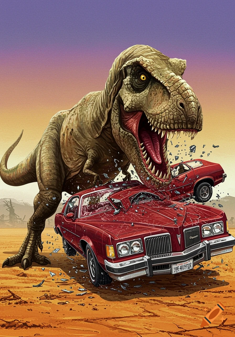 T-Rex crushing a red car in a desert landscape. Stylized illustration ...