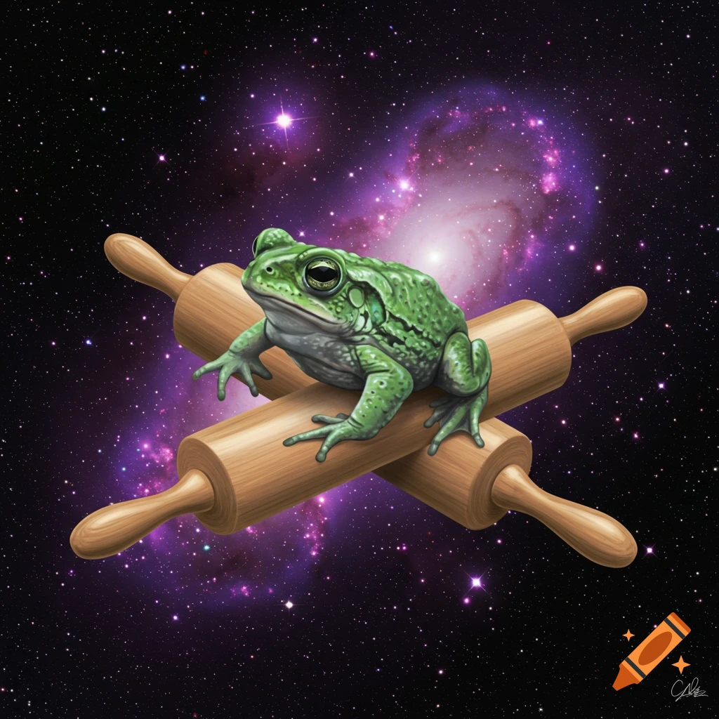 A green frog sitting on crossed rolling pins in space with a galaxy and ...