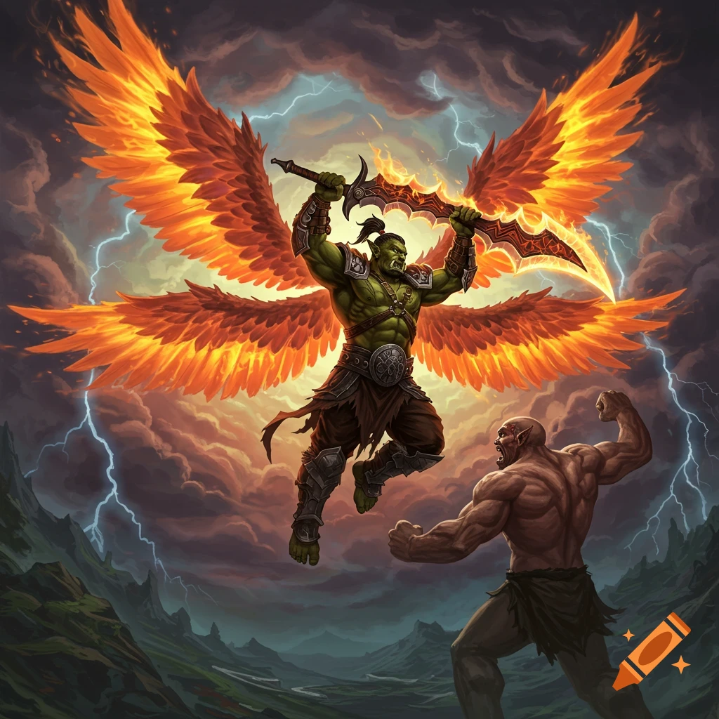Orc with flaming wings fights a giant during a storm. Digital art. on ...