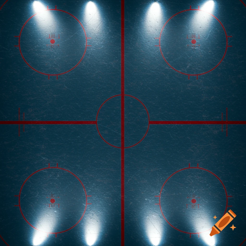 Top-down view of a hockey rink with markings and bright lights. on Craiyon