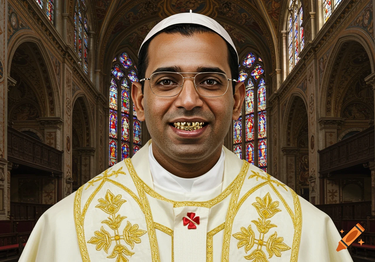 A person dressed as a Pope with gold grillz in a church. on Craiyon