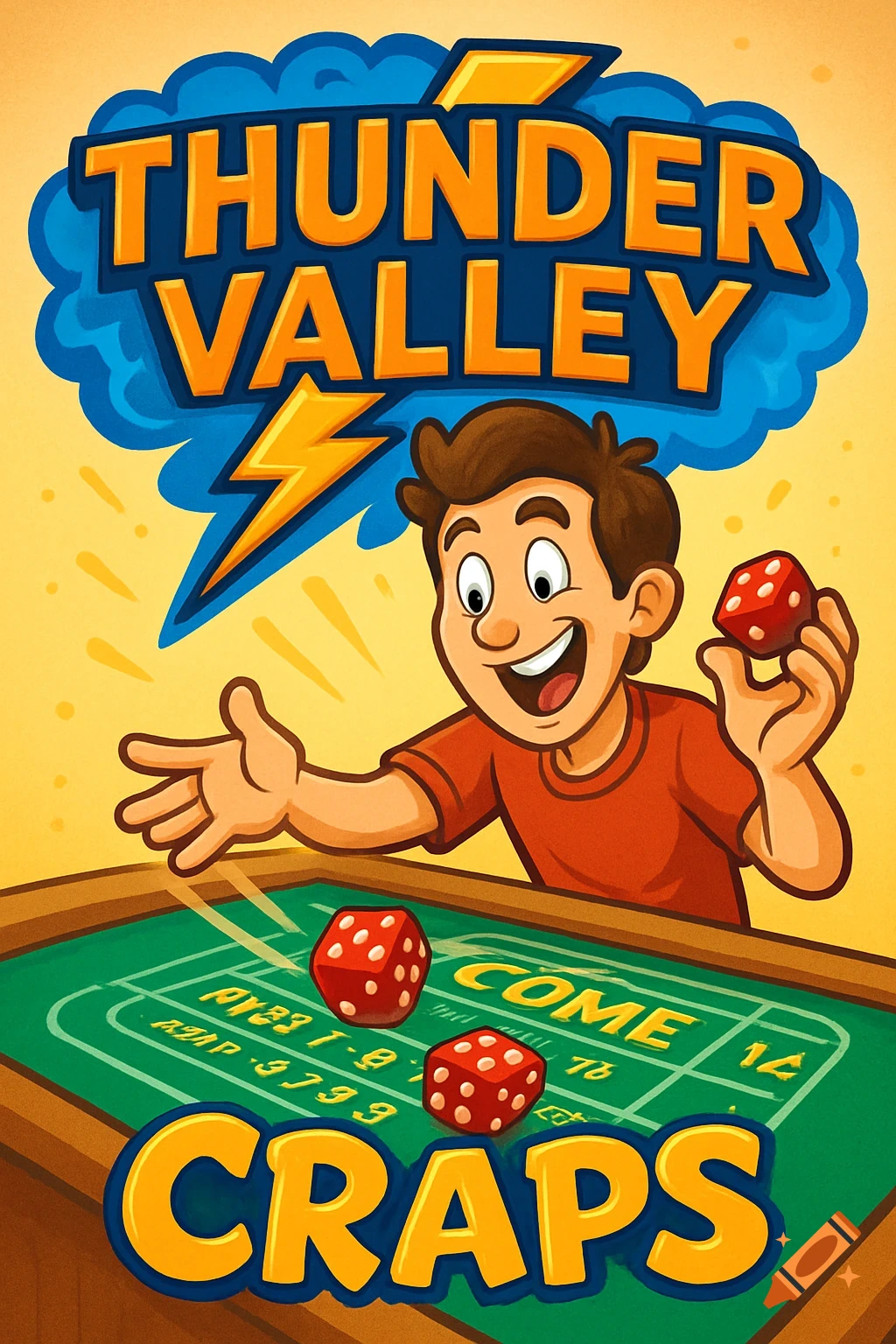 Cartoon character playing craps at a table with dice, logos read ...