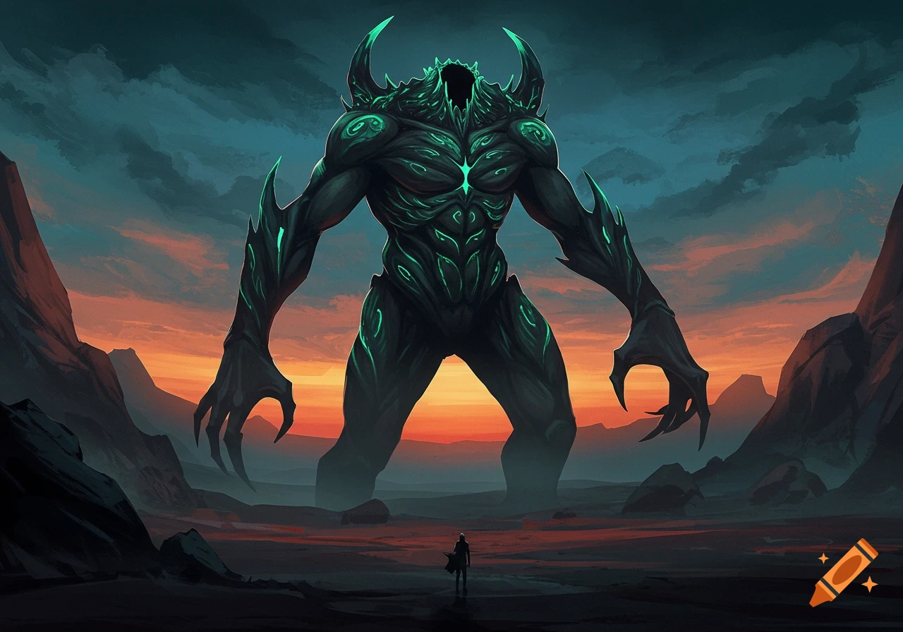 A massive dark fantasy monster with glowing green details stands ...