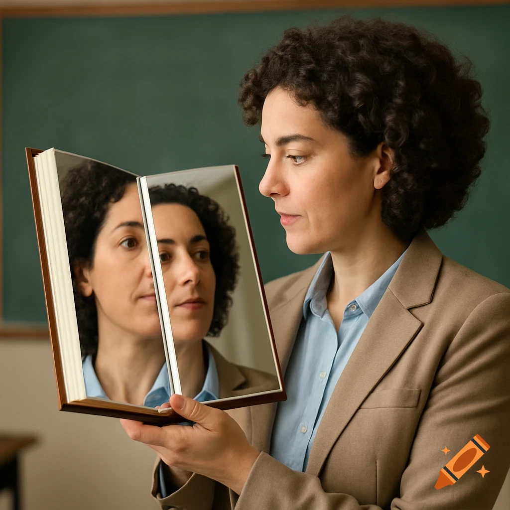 Teacher with curly hair holding a book with mirrors reflecting her face ...