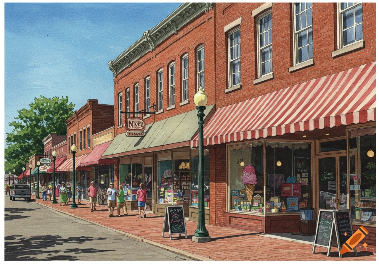 Illustrated view of a small town street with storefronts and people ...