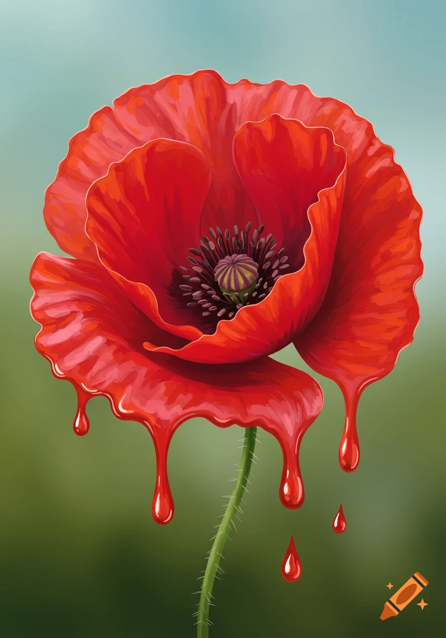 A digital illustration of a red poppy flower melting red liquid. on Craiyon