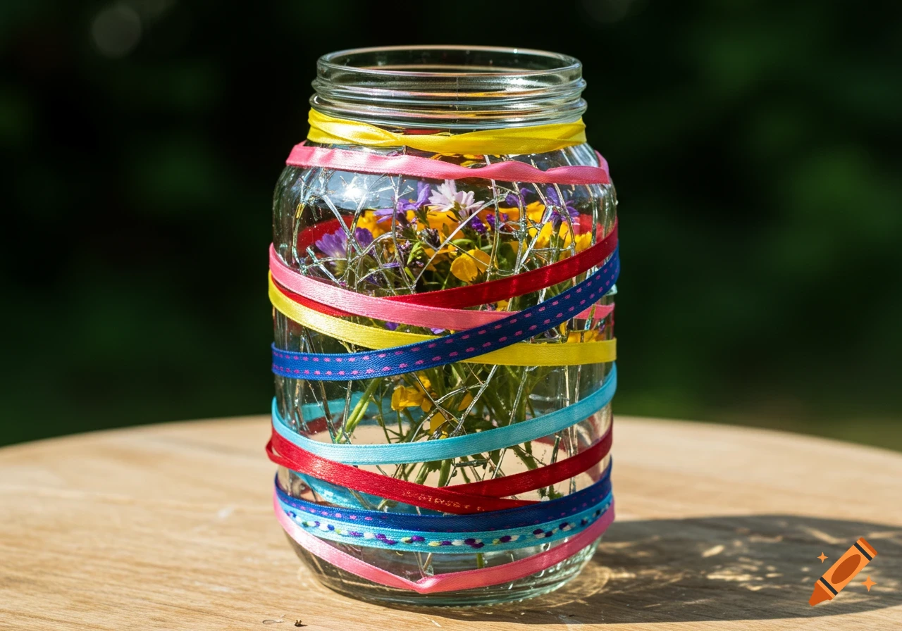 Glass jar wrapped with colorful ribbons holds wildflowers on a wooden ...