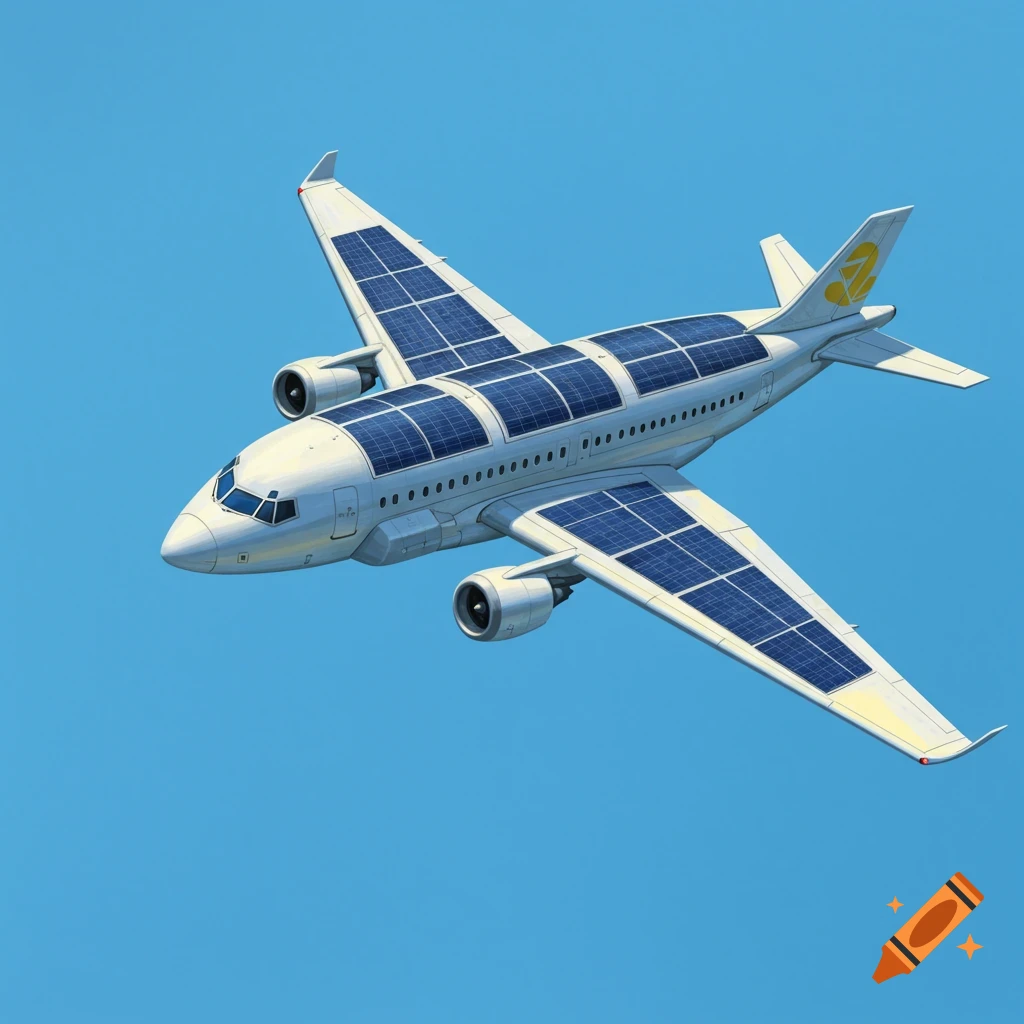 An airplane with solar panels on its wings and fuselage flies in a blue ...