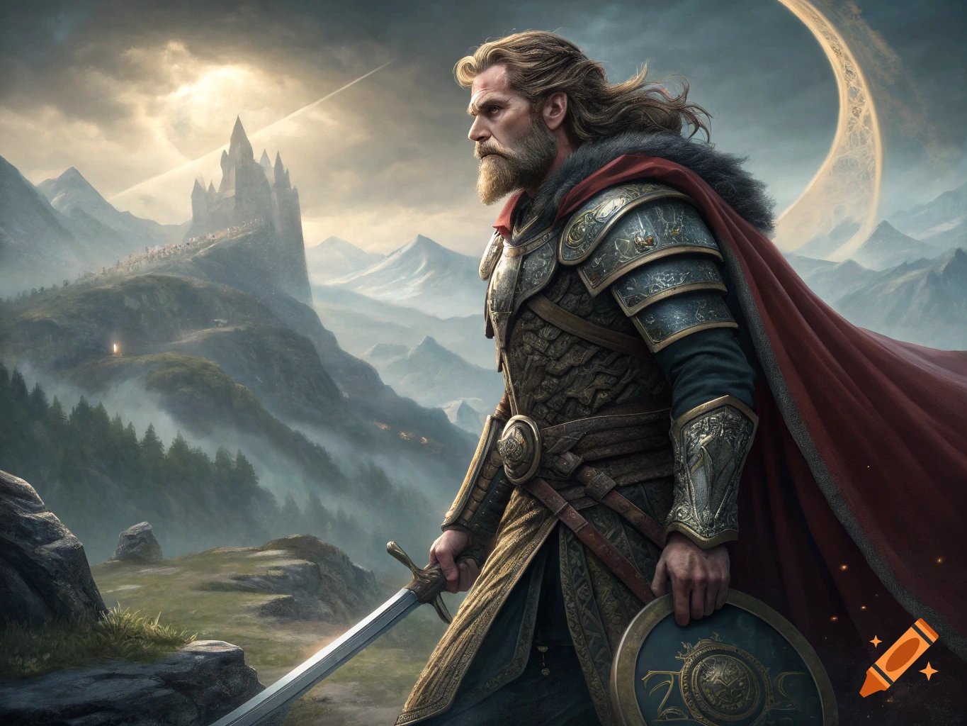 Bearded warrior in ornate armor holds sword and shield before castle on ...