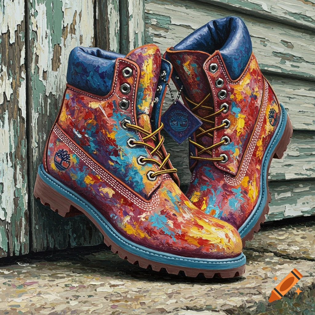 A painting of colorful boots leaning against a wooden wall. on Craiyon