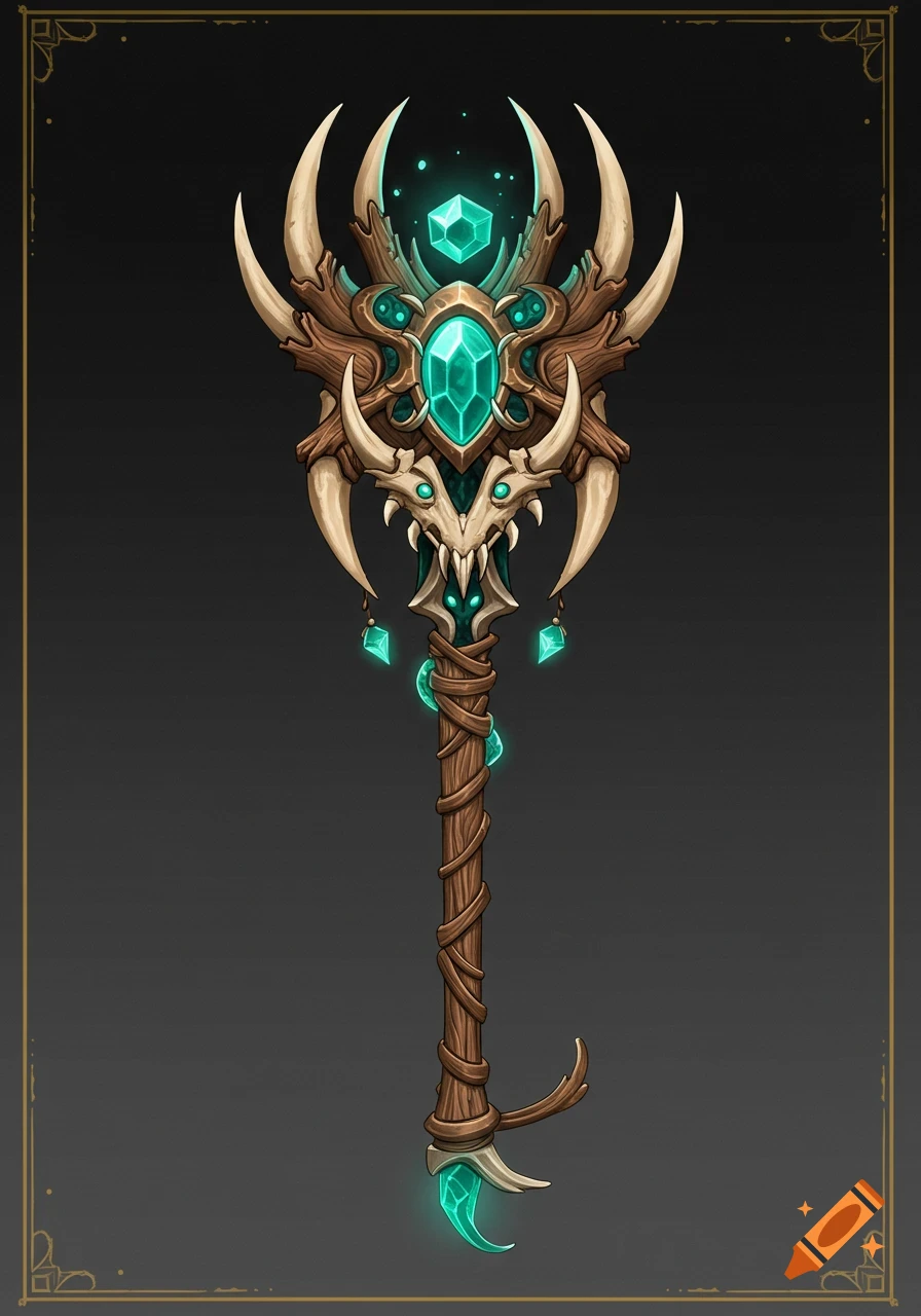 A detailed fantasy staff or weapon made of wood, bone fangs, and ...