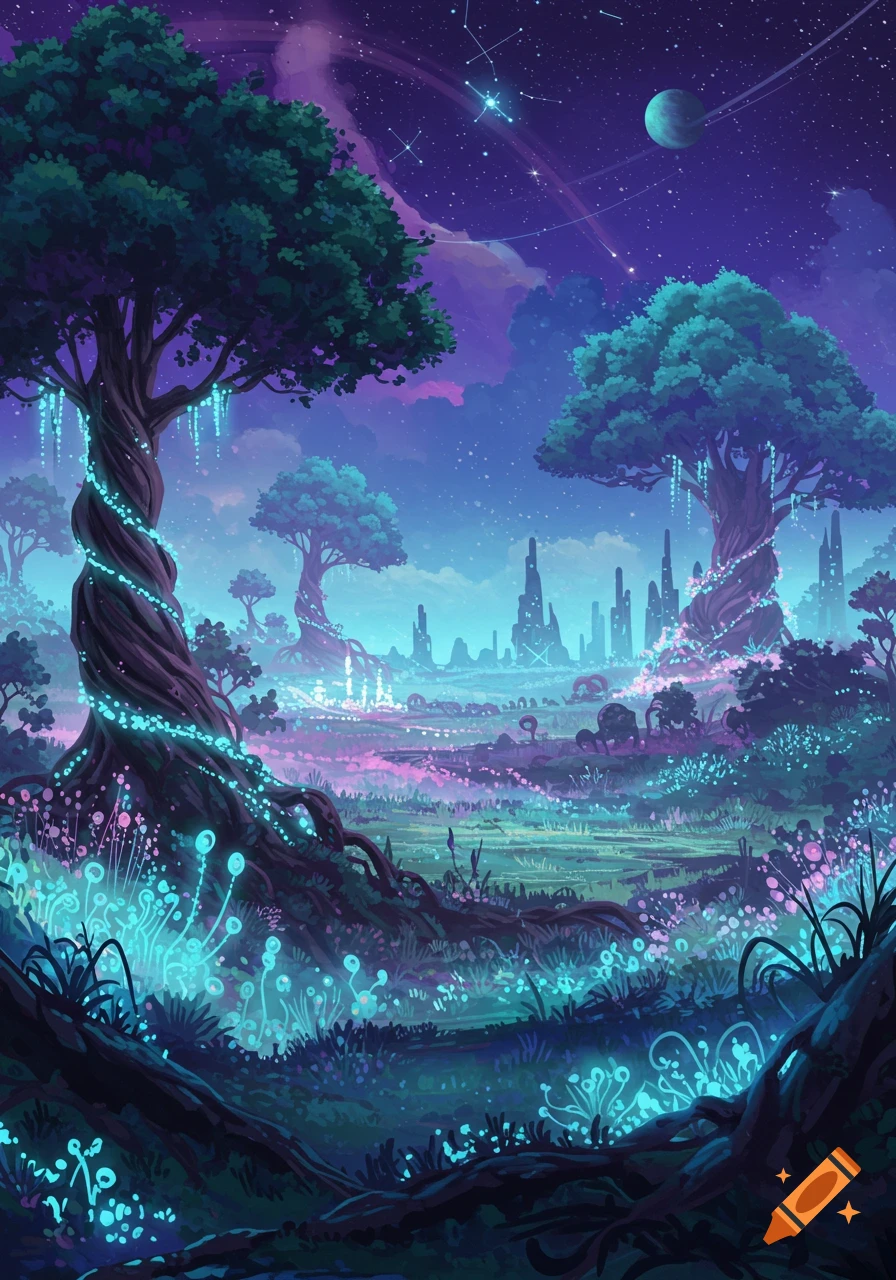 Fantasy landscape with glowing trees, plants, and distant structures ...