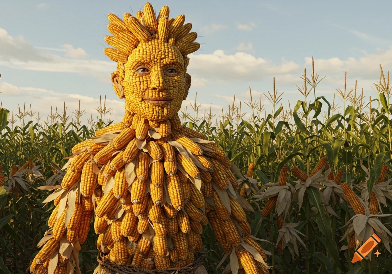 A figure made of corn stands in a cornfield under a cloudy sky. on Craiyon