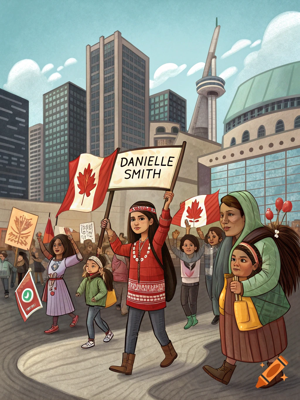 Illustration of people marching in a city street holding Canadian flags ...