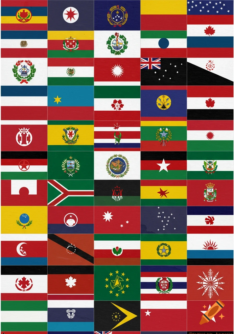 Grid of many colorful flags with different symbols and designs on Craiyon