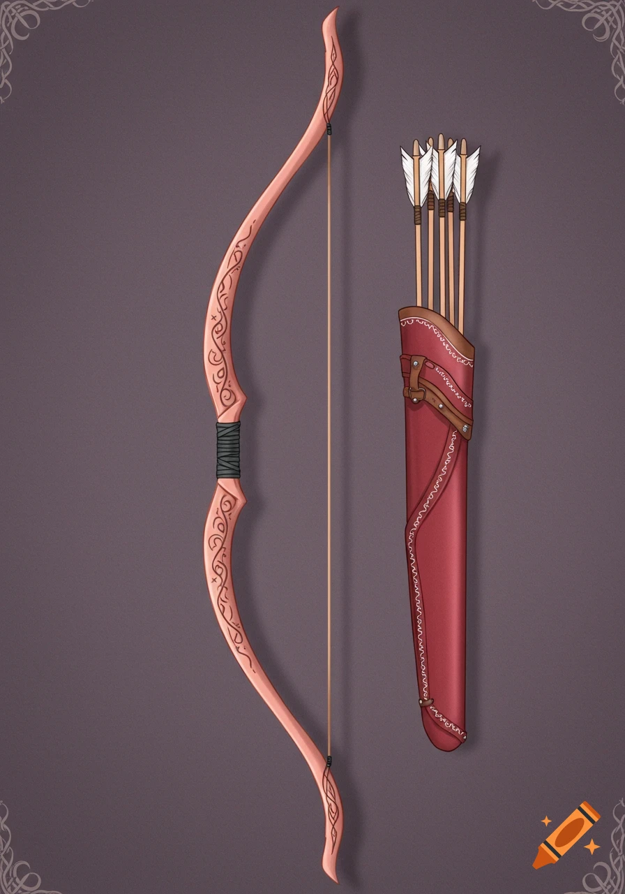 An ornate pink fantasy longbow and red leather quiver filled with ...