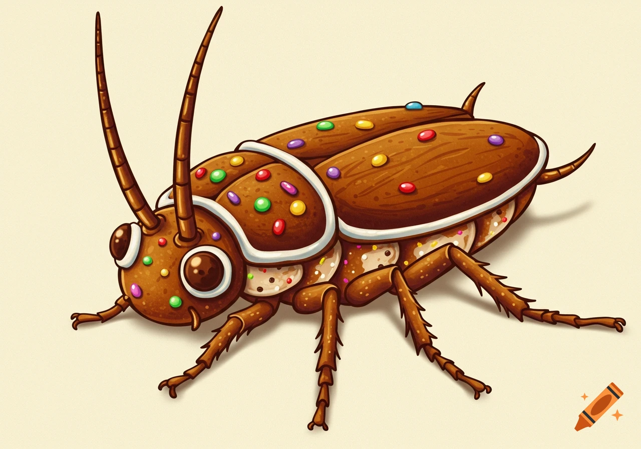 A cartoon gingerbread cockroach decorated with colorful candies. on Craiyon