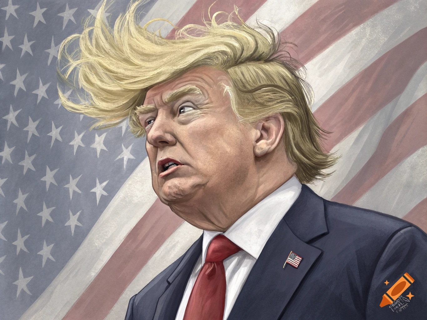 Caricature of Donald Trump with exaggerated hair in front of an ...