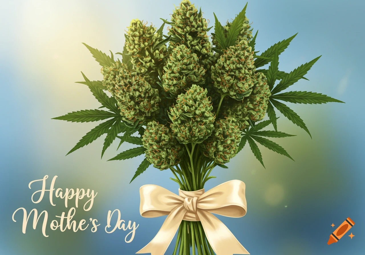 A bouquet of marijuana flowers tied with a bow, with 'Happy Mother's ...