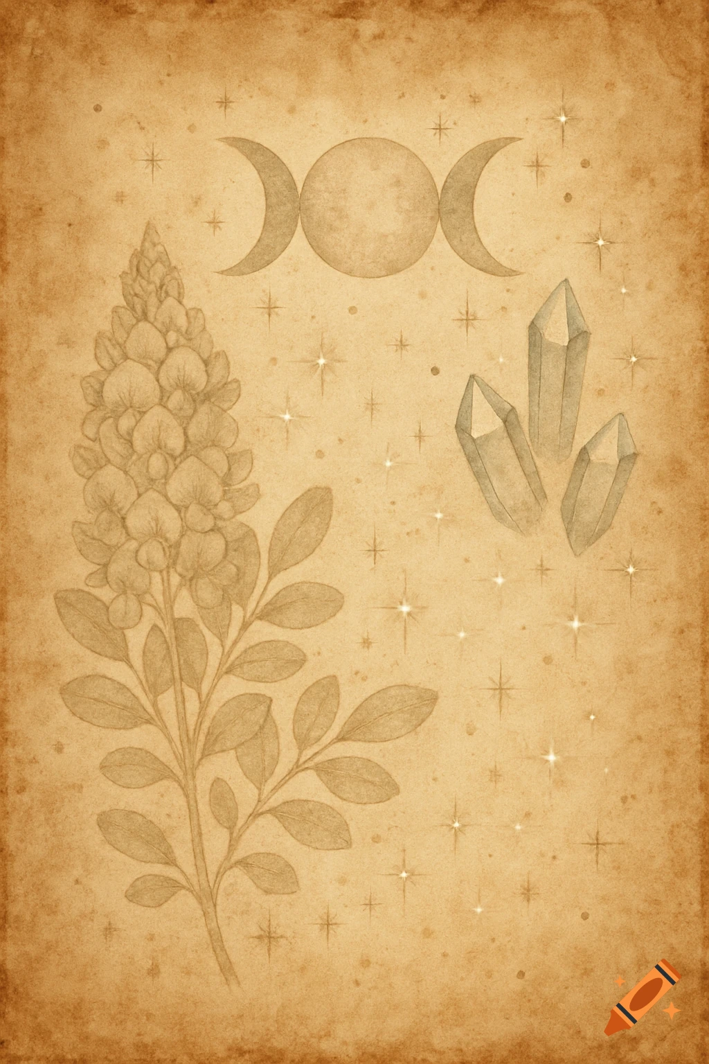 Drawing on aged paper of a branch with flowers, triple moon symbol ...