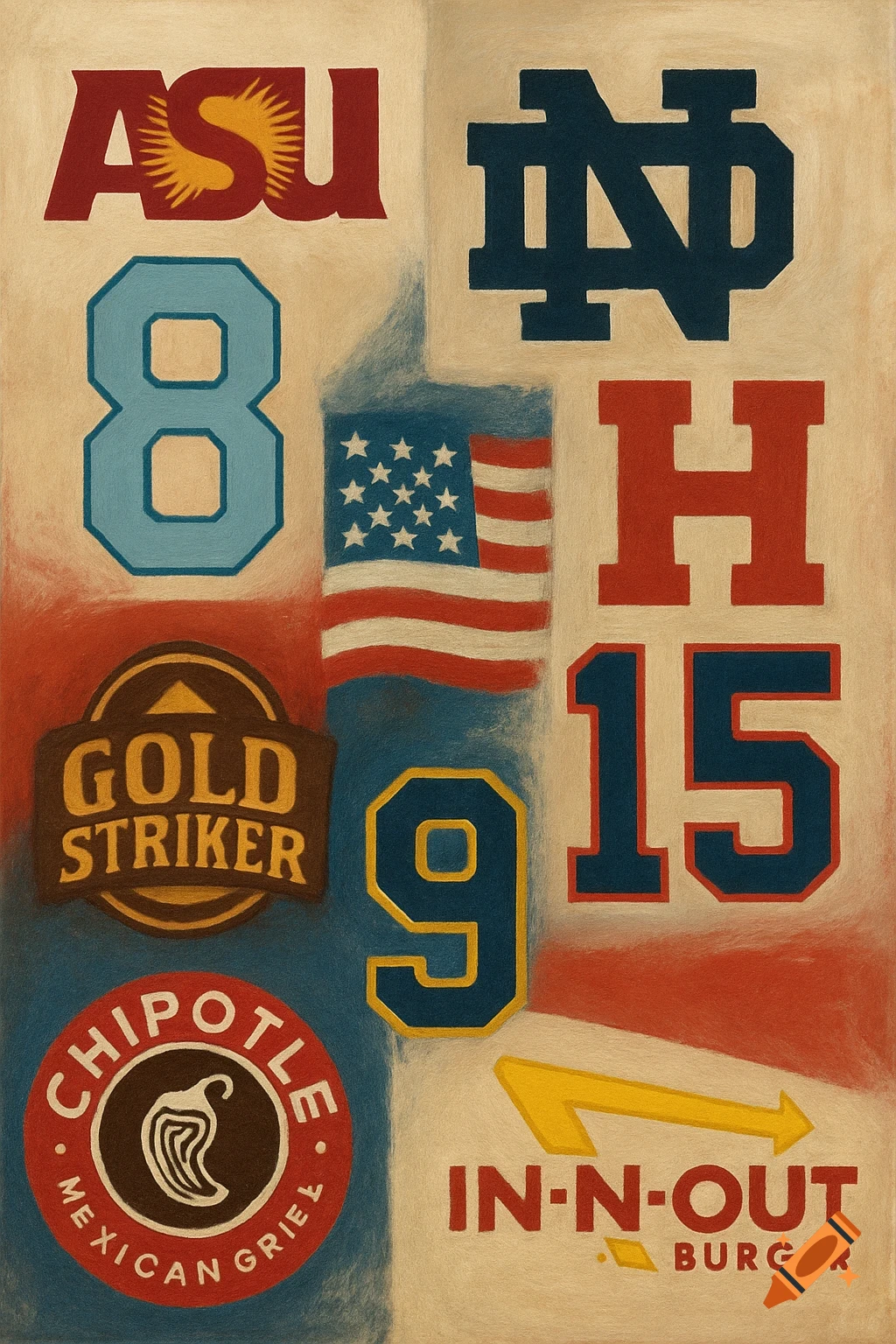 Painterly collage featuring logos: ASU, Notre Dame, Hanover, Gold ...